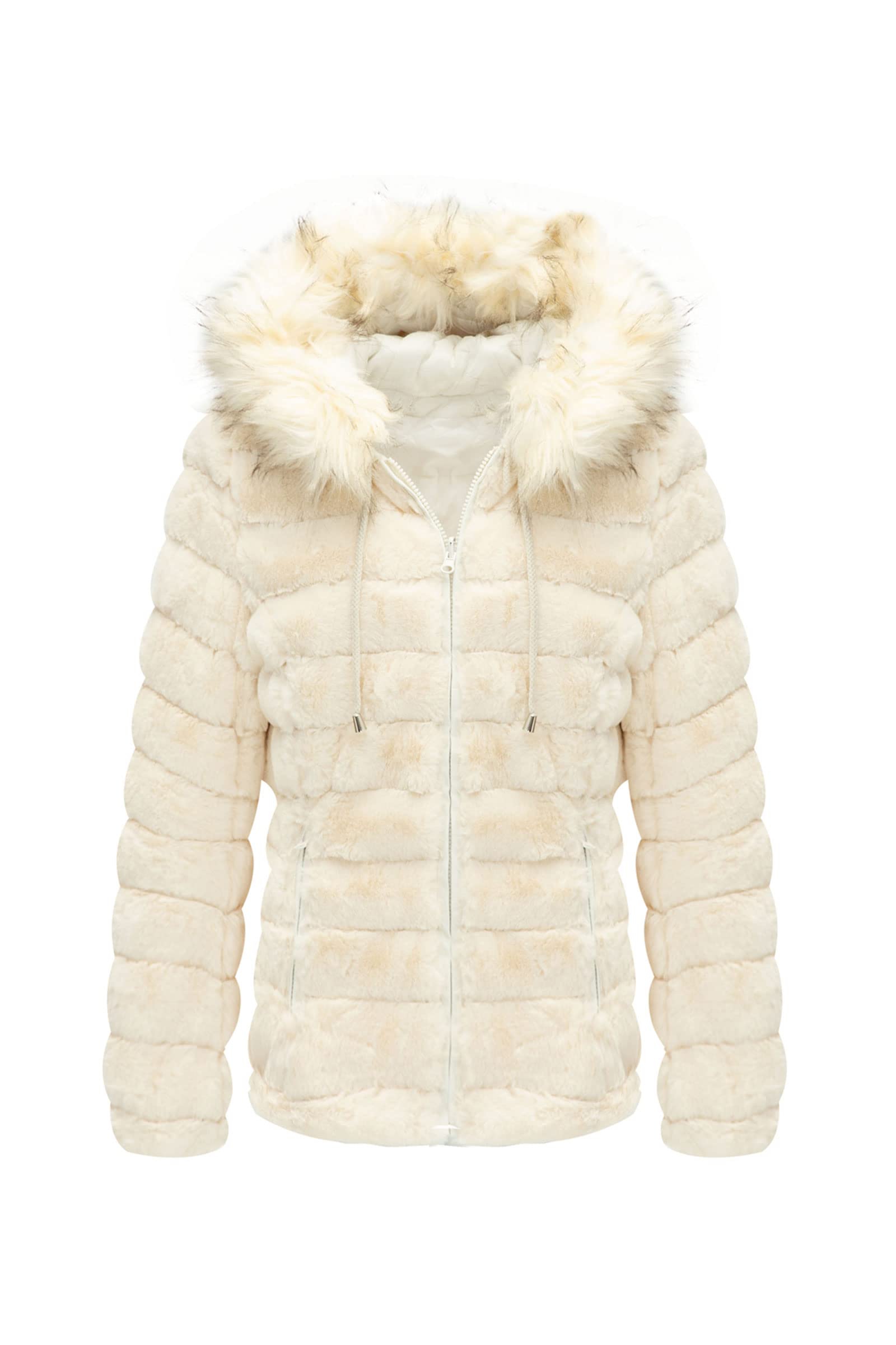 Bellivera Women Double Sided Faux Fur Jacket Reversible Winter with Fur Collar Hood Puffer Coat Worn on Both Sides 19225 White L