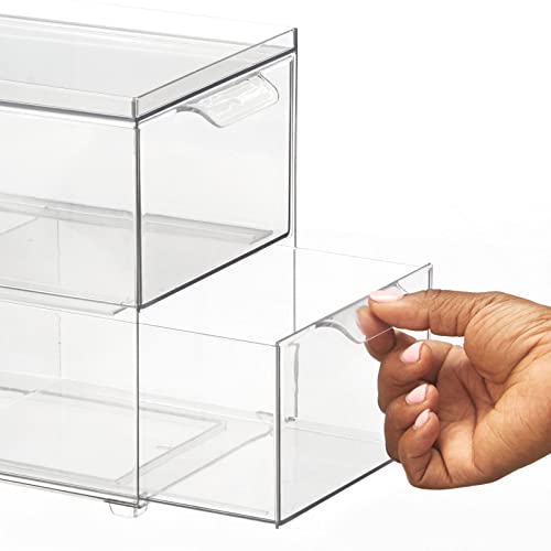 mDesign Stackable Storage Containers Box with 2 Pull-Out Drawers - Stacking Plastic Drawer Bins for Master or Guest Bathroom, Linen Closet, Vanity, or Makeup Table - Lumiere Collection -Clear