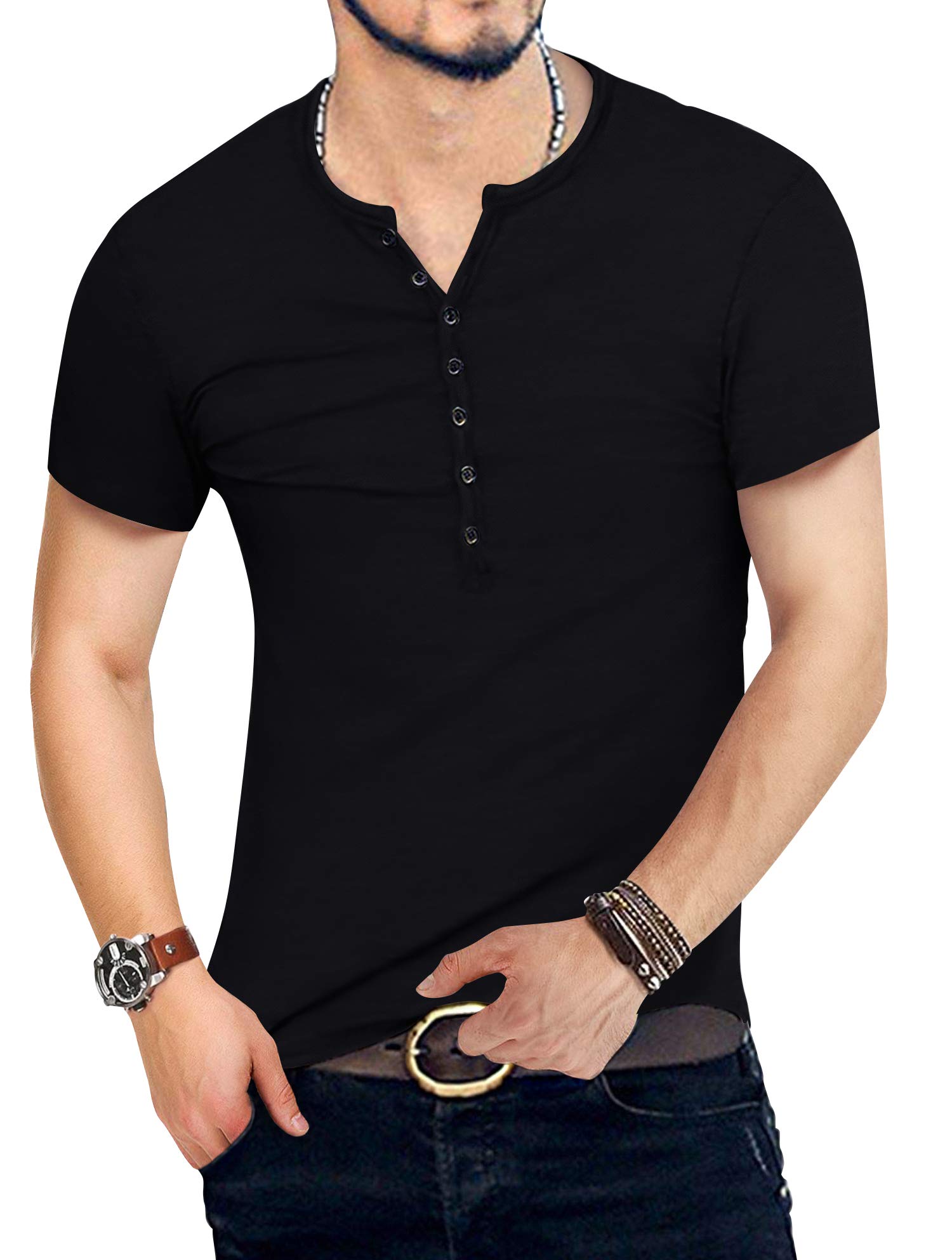YTD Mens Casual Slim Fit Basic Henley Short Sleeve Fashion Summer T-Shirt XL Black