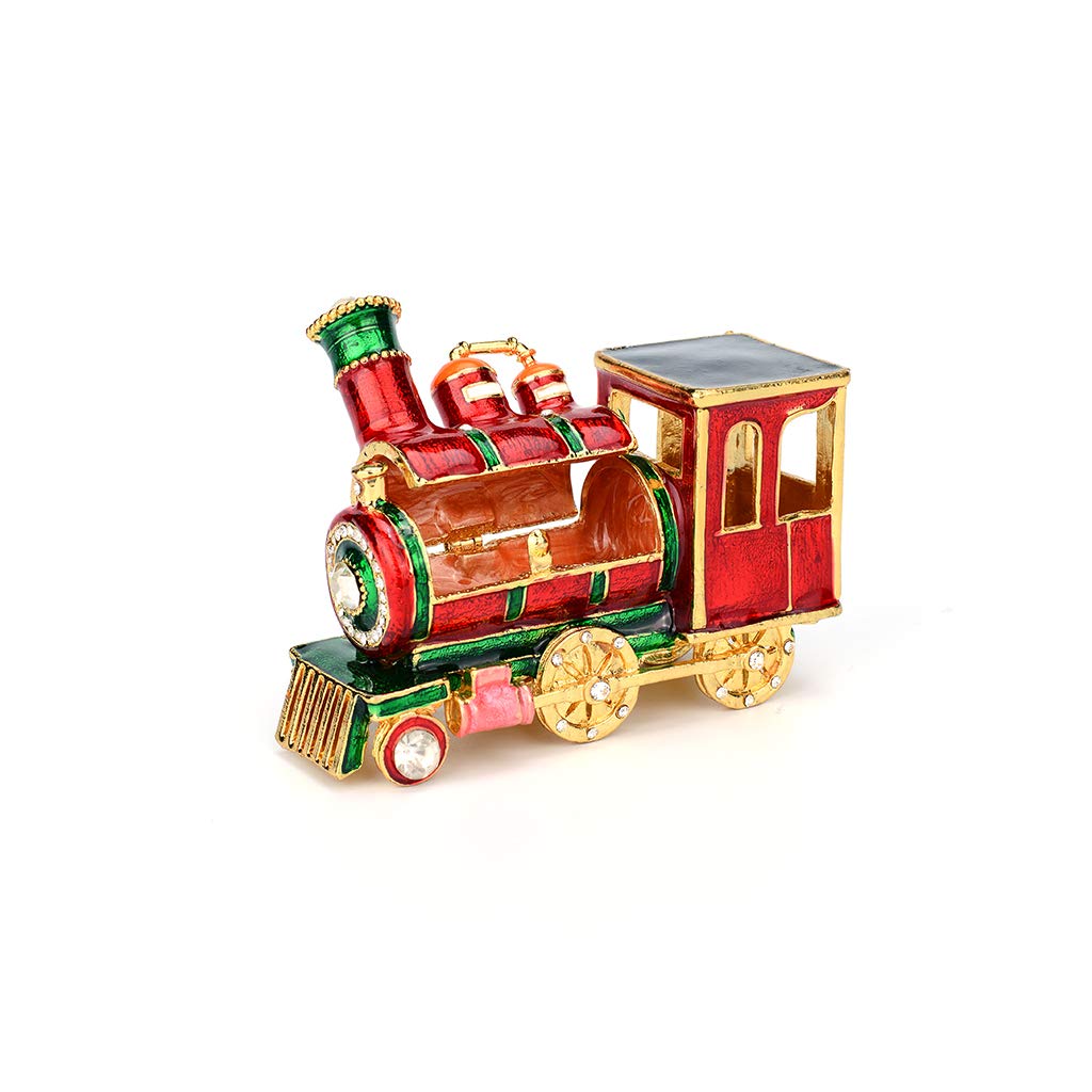 Furuida Mini Steam Train Jewelry Trinket Box Hinged Enameled Crystal Ornaments Gift for Home Decor