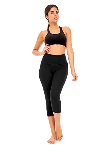 DEAR SPARKLE Fold Over Yoga Pants for Women Cotton Leggings Foldover High Waist Leggings Capri Plus Size (C7 F) (Black, Medium)