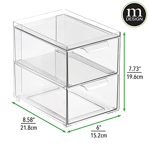 mDesign Stackable Storage Containers Box with 2 Pull-Out Drawers - Stacking Plastic Drawer Bins for Master or Guest Bathroom, Linen Closet, Vanity, or Makeup Table - Lumiere Collection -Clear
