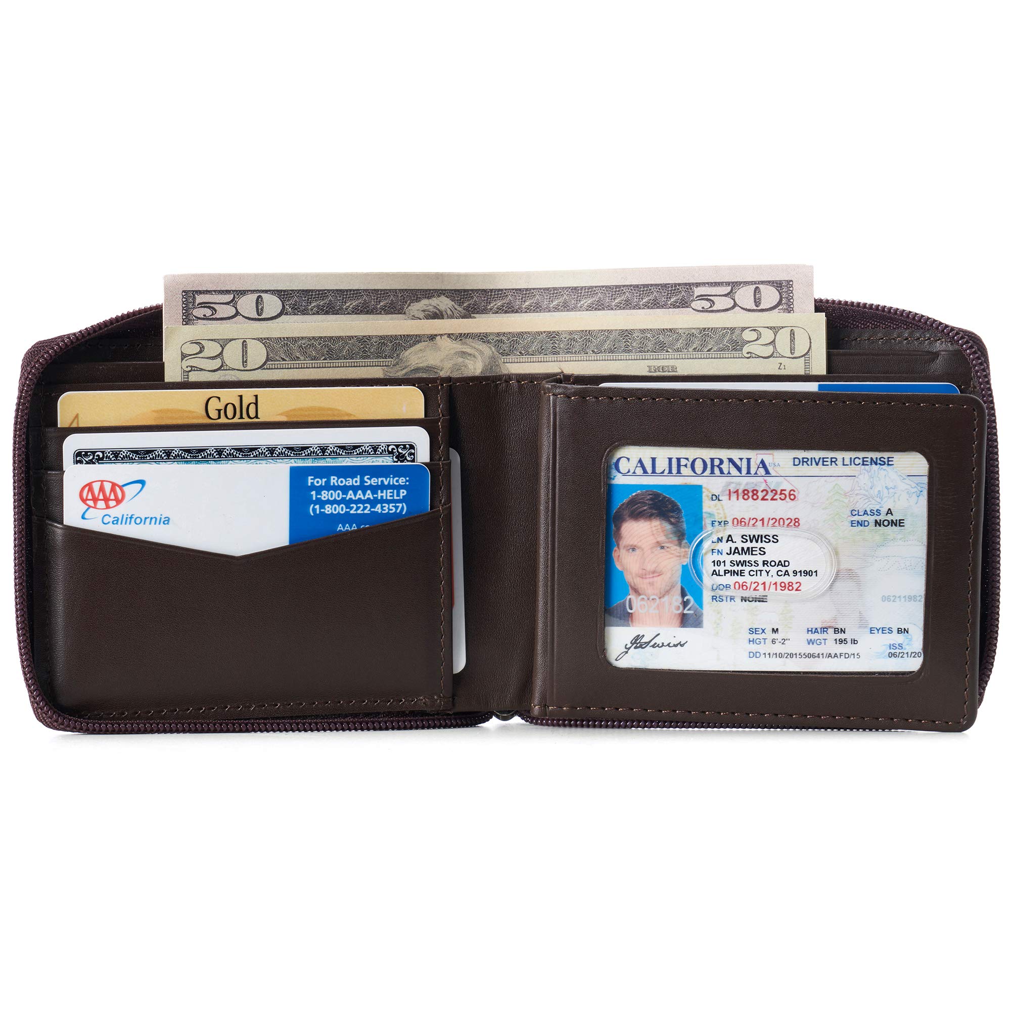 Alpine Swiss Logan Zipper Bifold Wallet For Men or Women RFID Safe York Collection Smooth Finish Brown