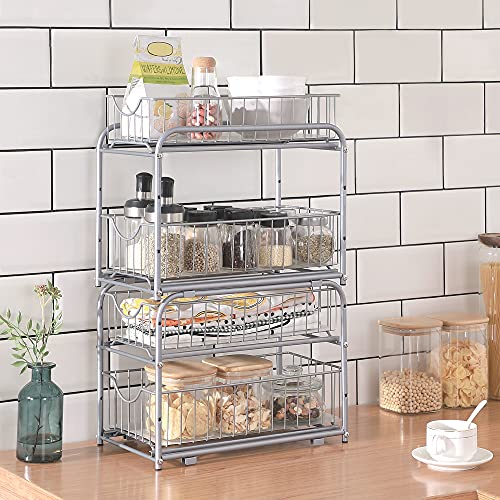 SONGMICS Pull Out Cabinet Organizer, 2-Tier Sliding Cabinet Organizer, Stackable Under Sink Cabinet Organizer with Storage Basket Drawers, for Kitchen, Bathroom, Silver UKCS017E01