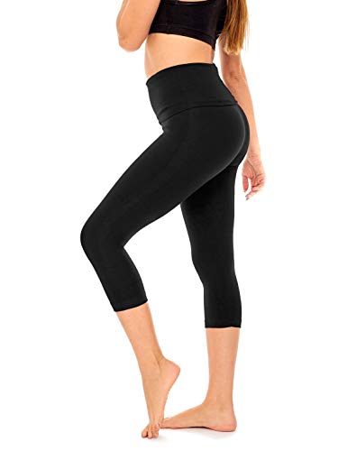 DEAR SPARKLE Fold Over Yoga Pants for Women Cotton Leggings Foldover High Waist Leggings Capri Plus Size (C7 F) (Black, Medium)