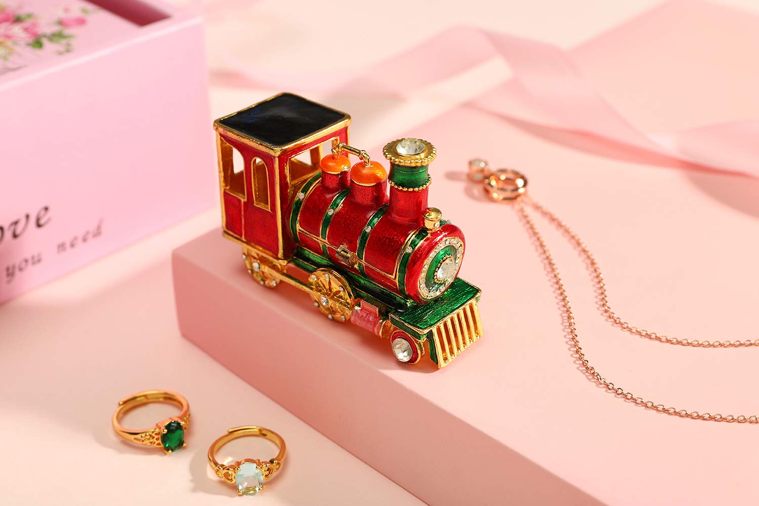 Furuida Mini Steam Train Jewelry Trinket Box Hinged Enameled Crystal Ornaments Gift for Home Decor