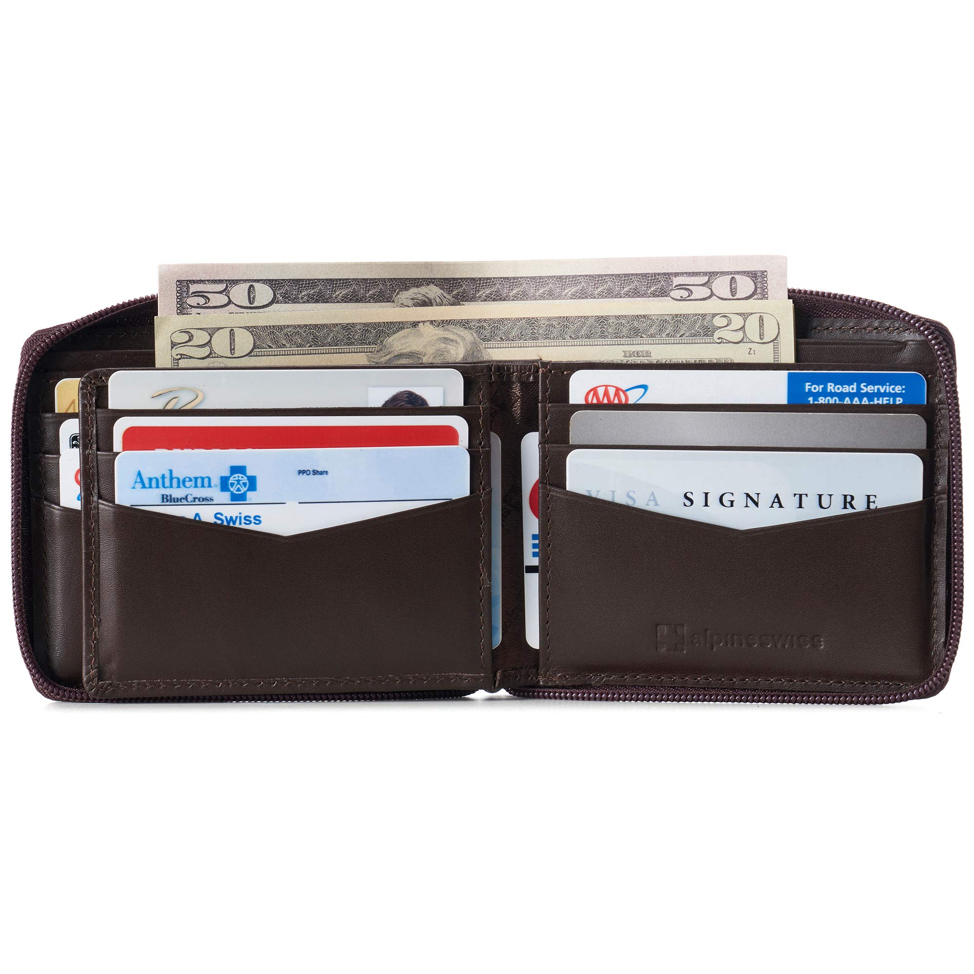 Alpine Swiss Logan Zipper Bifold Wallet For Men or Women RFID Safe York Collection Smooth Finish Brown