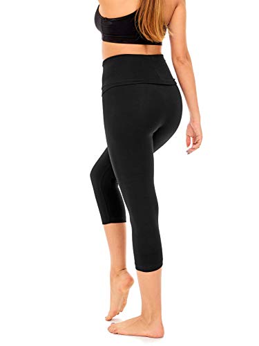 DEAR SPARKLE Fold Over Yoga Pants for Women Cotton Leggings Foldover High Waist Leggings Capri Plus Size (C7 F) (Black, Medium)