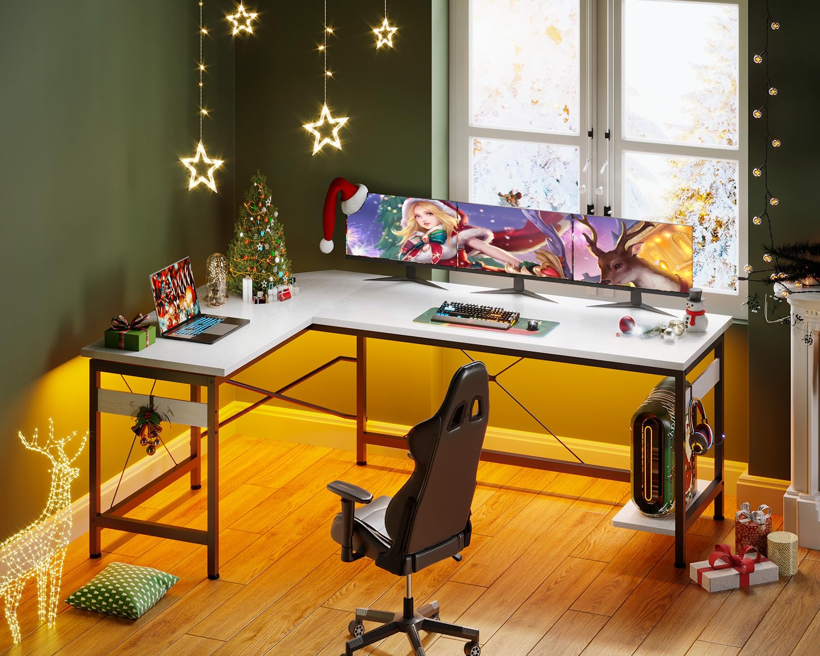 Coleshome 66" L Shaped Gaming Desk, L Shaped Desk, Computer Desk, Gaming Desk, Writing Desk, Home Office Desk, White