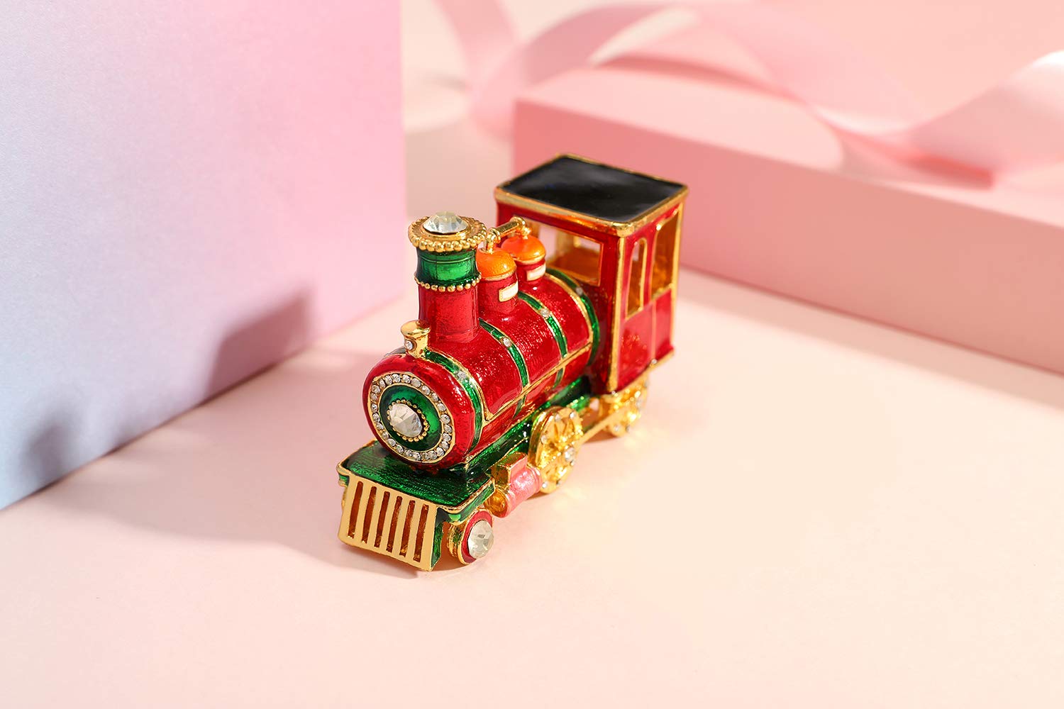 Furuida Mini Steam Train Jewelry Trinket Box Hinged Enameled Crystal Ornaments Gift for Home Decor