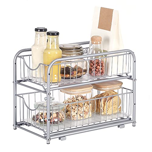 SONGMICS Pull Out Cabinet Organizer, 2-Tier Sliding Cabinet Organizer, Stackable Under Sink Cabinet Organizer with Storage Basket Drawers, for Kitchen, Bathroom, Silver UKCS017E01