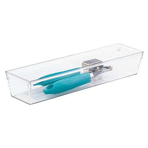 mDesign Plastic Kitchen Cabinet Drawer Organizer Tray - Storage Bin for Cutlery, Serving Spoons, Cooking Utensils, Gadgets - BPA Free, Food Safe, 12" Long, 3 Pack - Clear