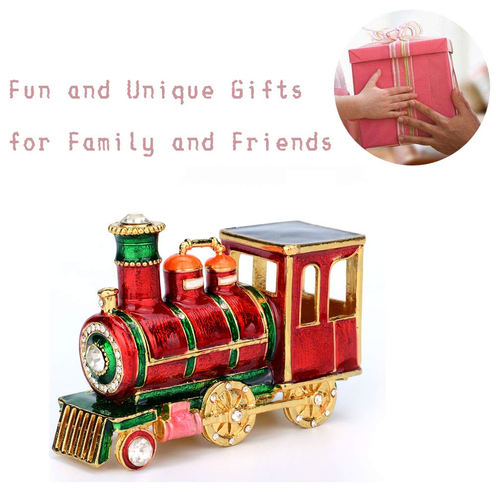 Furuida Mini Steam Train Jewelry Trinket Box Hinged Enameled Crystal Ornaments Gift for Home Decor