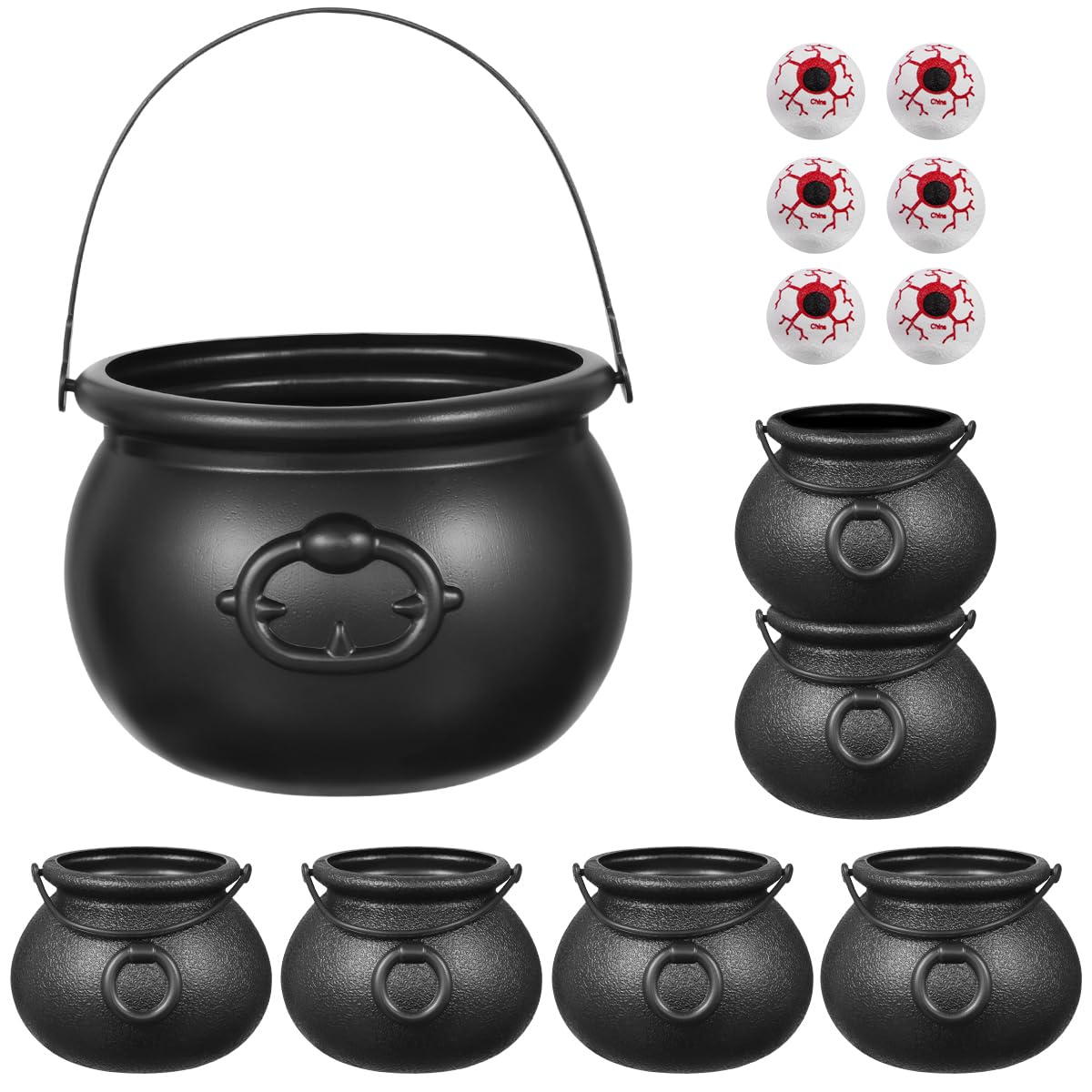 Hemoton Black Plastic Candy Cauldron Kettles with Handle Set, Included 7.7" Cauldron Candy Kettles, 6 Pcs 3.1"Small Cauldron, 6 Pcs Halloween Eyeballs Horror Party Favors Supplies Decoration