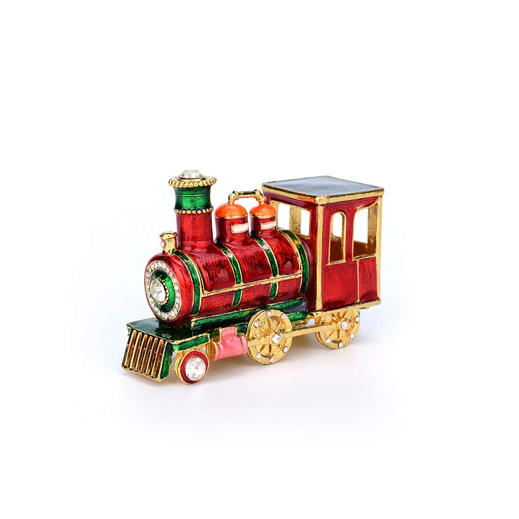 Furuida Mini Steam Train Jewelry Trinket Box Hinged Enameled Crystal Ornaments Gift for Home Decor