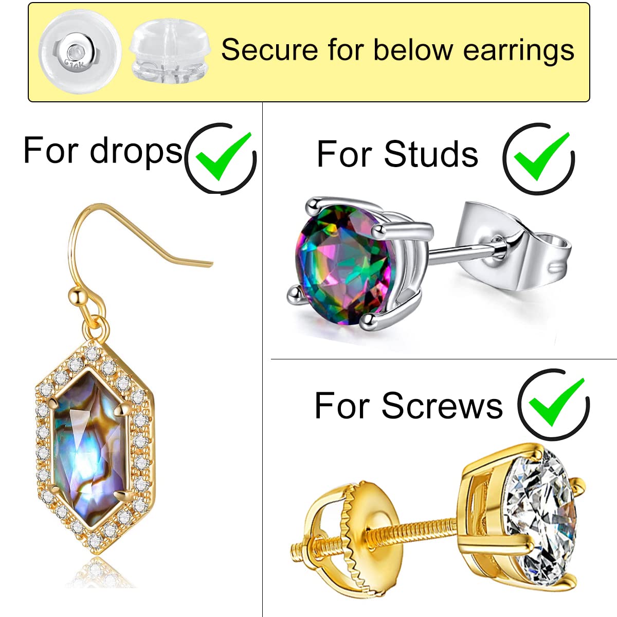 Silicone Earring Backs Replacement | Comfortable Rubber Earring Backings for Stud | Clear Plastic Soft Flat Earing Backs Secure Safety Locking (1 Pair 14K White Gold)