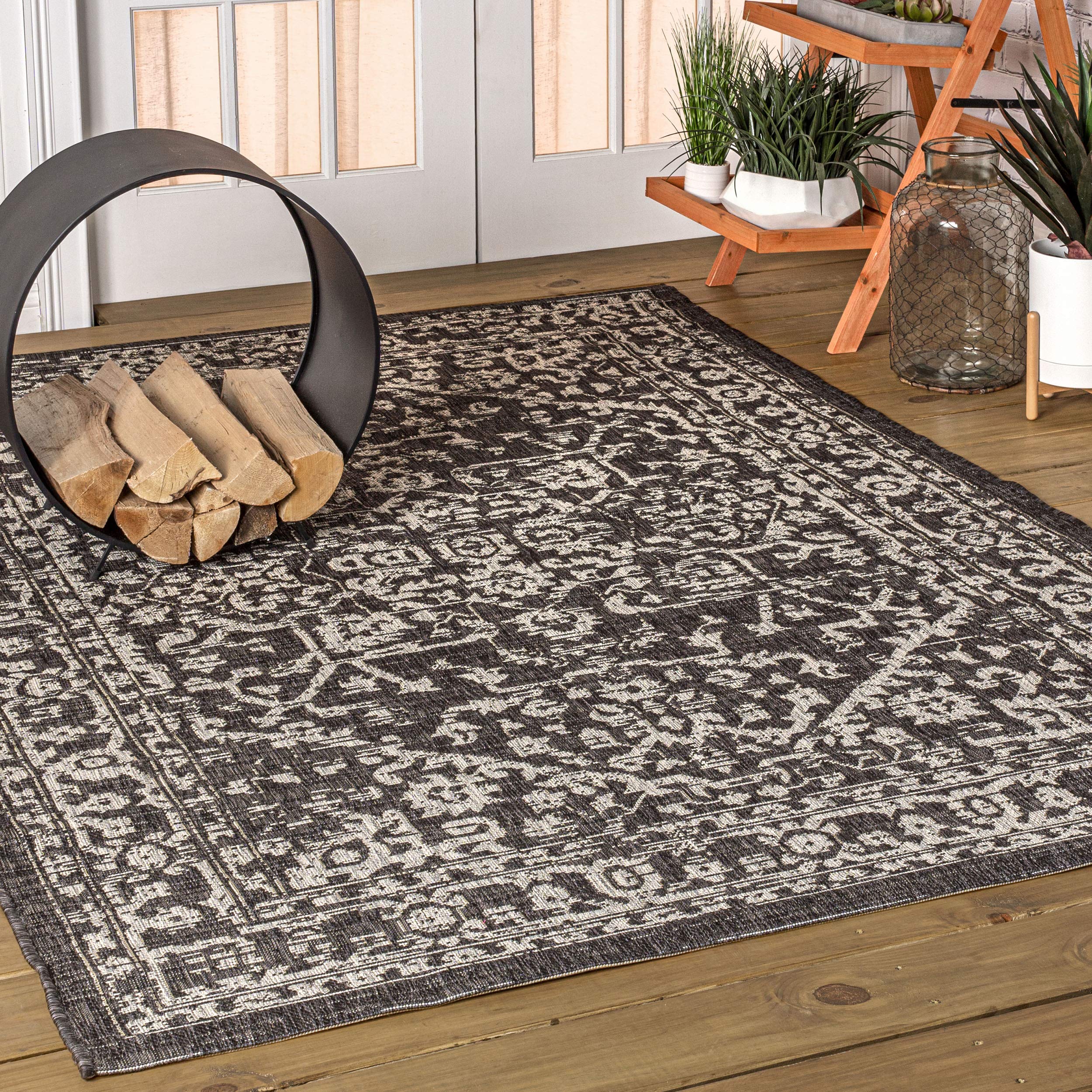 JONATHAN Y SMB104C-3 Malta Bohemian Medallion Textured Weave Indoor Outdoor Area -Rug, Coastal, Traditional, Transitional Easy -Cleaning,Bedroom,Kitchen,Backyard,Patio,Non Shedding, Black/Gray, 3 X 5