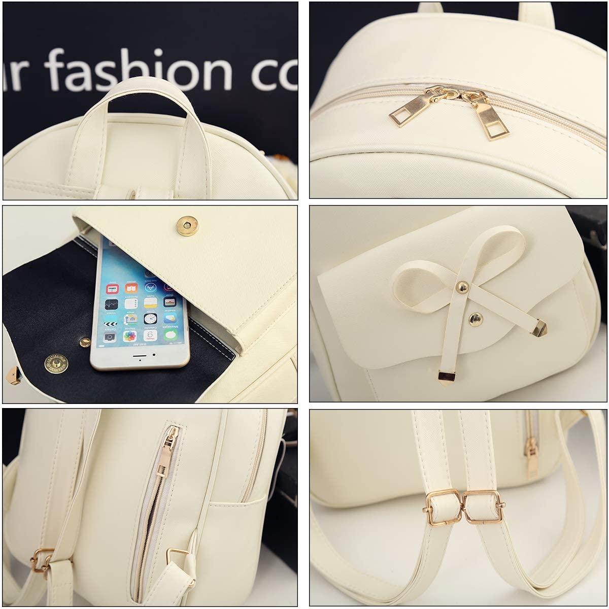ZGWJ Mini Leather Backpack Purse Bowknot Small Backpack Cute Casual Travel Daypacks for Women(3-Pieces) Beige