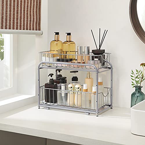 SONGMICS Pull Out Cabinet Organizer, 2-Tier Sliding Cabinet Organizer, Stackable Under Sink Cabinet Organizer with Storage Basket Drawers, for Kitchen, Bathroom, Silver UKCS017E01