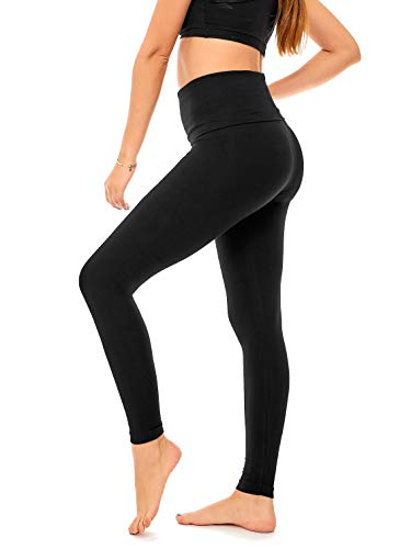 DEAR SPARKLE Fold Over Yoga Pants for Women Cotton Leggings Foldover High Waist Leggings Plus Size (C6 F) (Black, Medium)