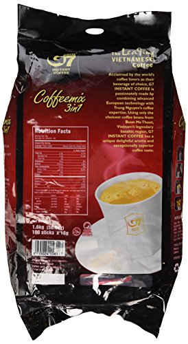 Trung Nguyen - G7 3 In 1 Instant Coffee - 100 Single Serve Packets | Roasted Ground Coffee Blend with Creamer and Sugar, Suitable for Most Coffee Brewing Methods, (16gr/stick)