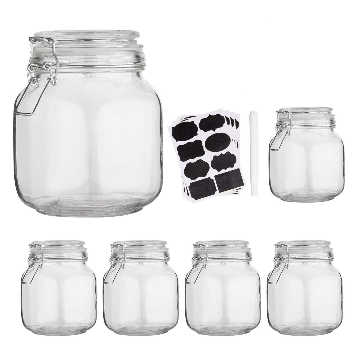 Glass Kitchen Storage Canister Mason Jars with Lids,32oz Airtight Glass Canister with Hinged Lid,Perfect for Kitchen Canning Cereal,Pasta,Sugar,Beans (Labels & Chalk Marker)-Set of 6