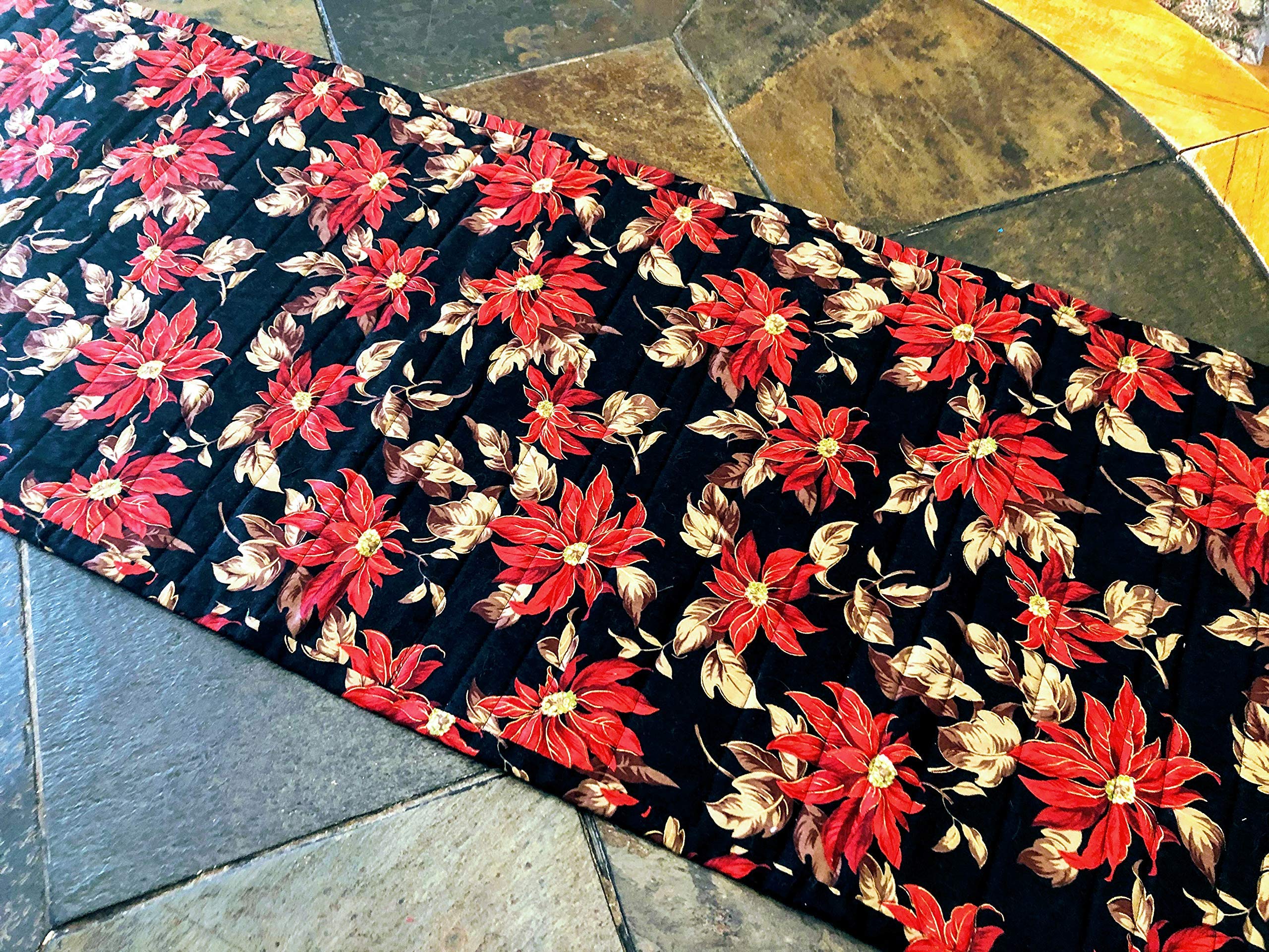 Quilted Holiday Table Runner, Jelly Roll Stripes, Rectangular, Reversible, Poinsettia Fabric, Christmas Decor, 100% Cotton