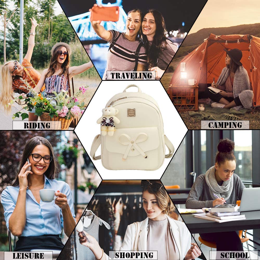 ZGWJ Mini Leather Backpack Purse Bowknot Small Backpack Cute Casual Travel Daypacks for Women(3-Pieces) Beige