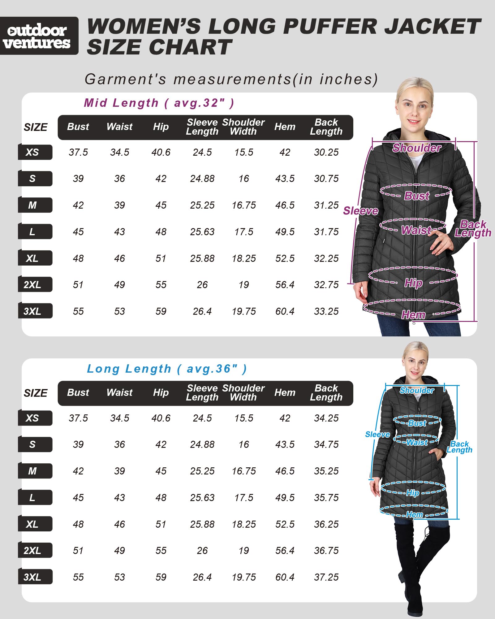 Outdoor Ventures Women's Hooded Lightweight Warm Winter Padded Long Puffer Coat-XL,36"