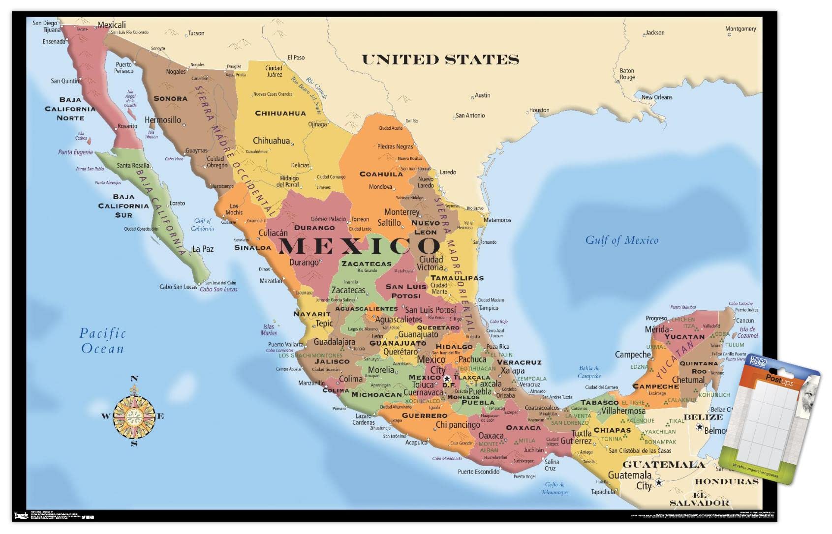 Trends International Map - Mexico Wall Poster, 14.725" x 22.375", Premium Poster & Mount Bundle