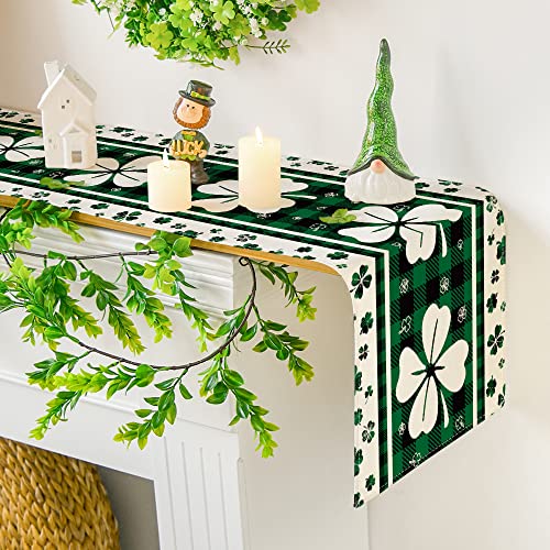 Artoid Mode Green Clover Buffalo Plaid Shamrocks St.Patrick's Day Table Runner, Seasonal Kitchen Dining Table Decoration for Indoor Home Party 13x72 Inch