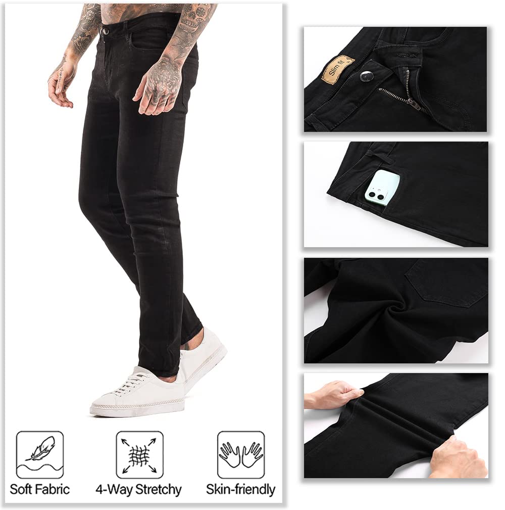 Mens Slim Fit Jeans Stretch Black Denim Pants for Men Skinny Jeans Tapered Leg 30