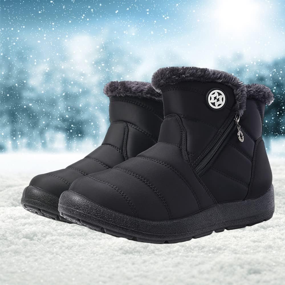 Eagsouni Snow Boots Womens Winter Ankle Boots Ladies Warm Fur Lined Booties Thickening Shoes Zip Flat Sneakers Outdoor Booties High Top Black, US 10, 42 EU