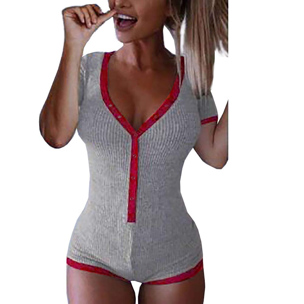 Roselux Women's Sexy Deep V Neck Shorts Long Sleeve Knitted One Piece Bodysuit Sexy Pajama Onesie Bodycon Rompers Overall (Large, Short Sleeve-Gray&Wine2)