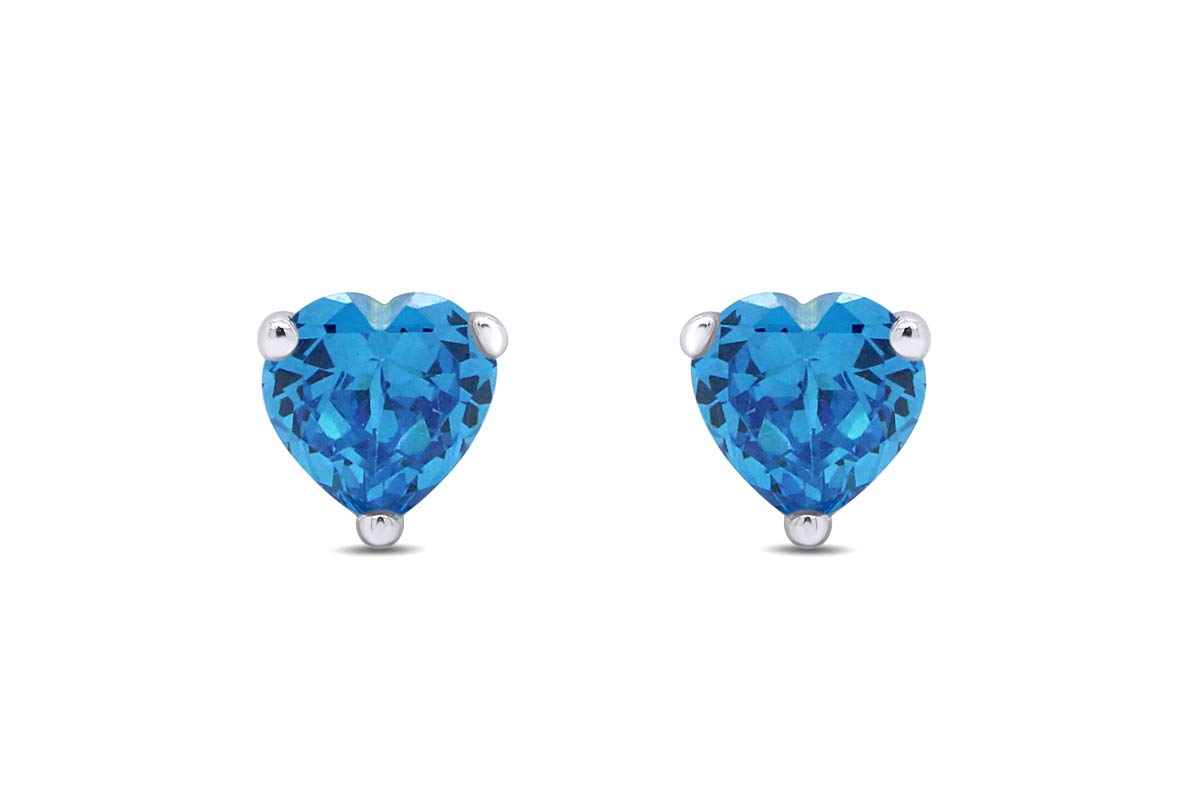 Heart Shape Simulated Blue Topaz Stud Earrings In 14K White Gold Over Sterling Silver