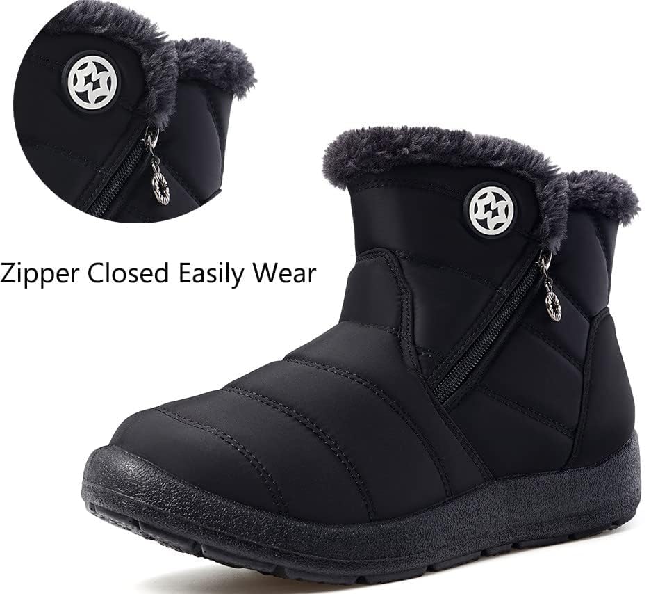 Eagsouni Snow Boots Womens Winter Ankle Boots Ladies Warm Fur Lined Booties Thickening Shoes Zip Flat Sneakers Outdoor Booties High Top Black, US 10, 42 EU