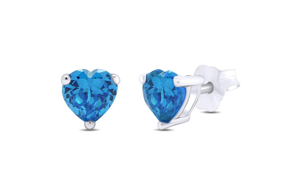 Heart Shape Simulated Blue Topaz Stud Earrings In 14K White Gold Over Sterling Silver