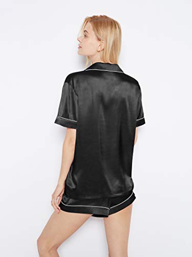 SIORO Silk Pajamas for Women Short Sleeve Womens Pajamas Sets Satin, Button Down Sleepwear Soft Pj Sets, Black, X-Large
