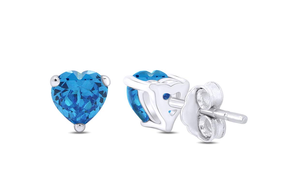 Heart Shape Simulated Blue Topaz Stud Earrings In 14K White Gold Over Sterling Silver