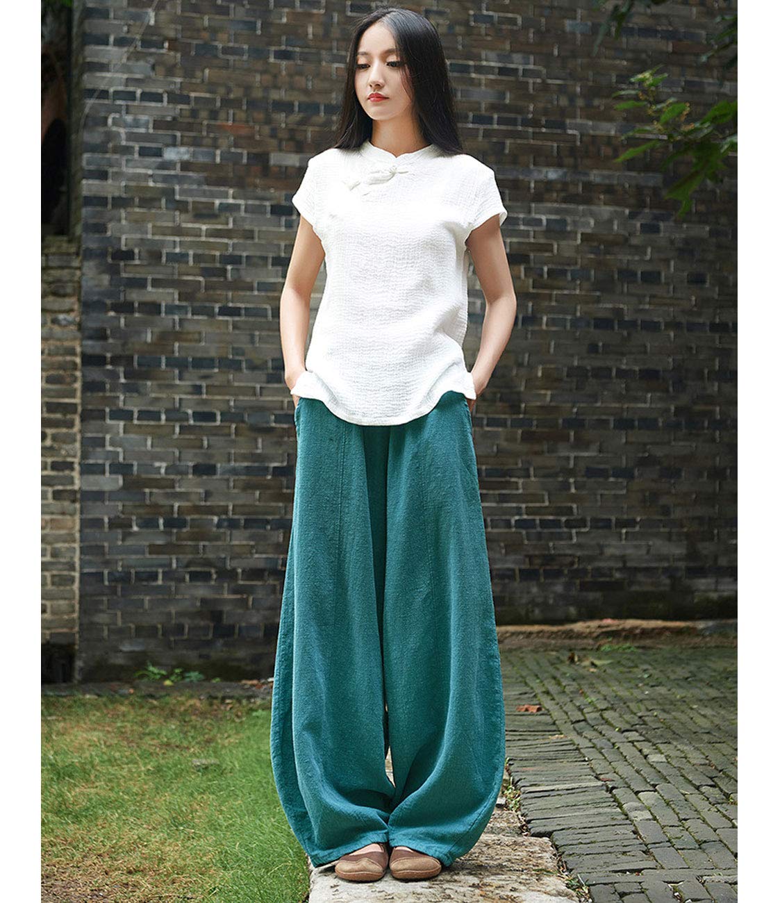 IXIMO Women's Casual Cotton Linen Baggy Pants with Elastic Waist Relax Fit Lantern Trousers (Blue, XX-Large)
