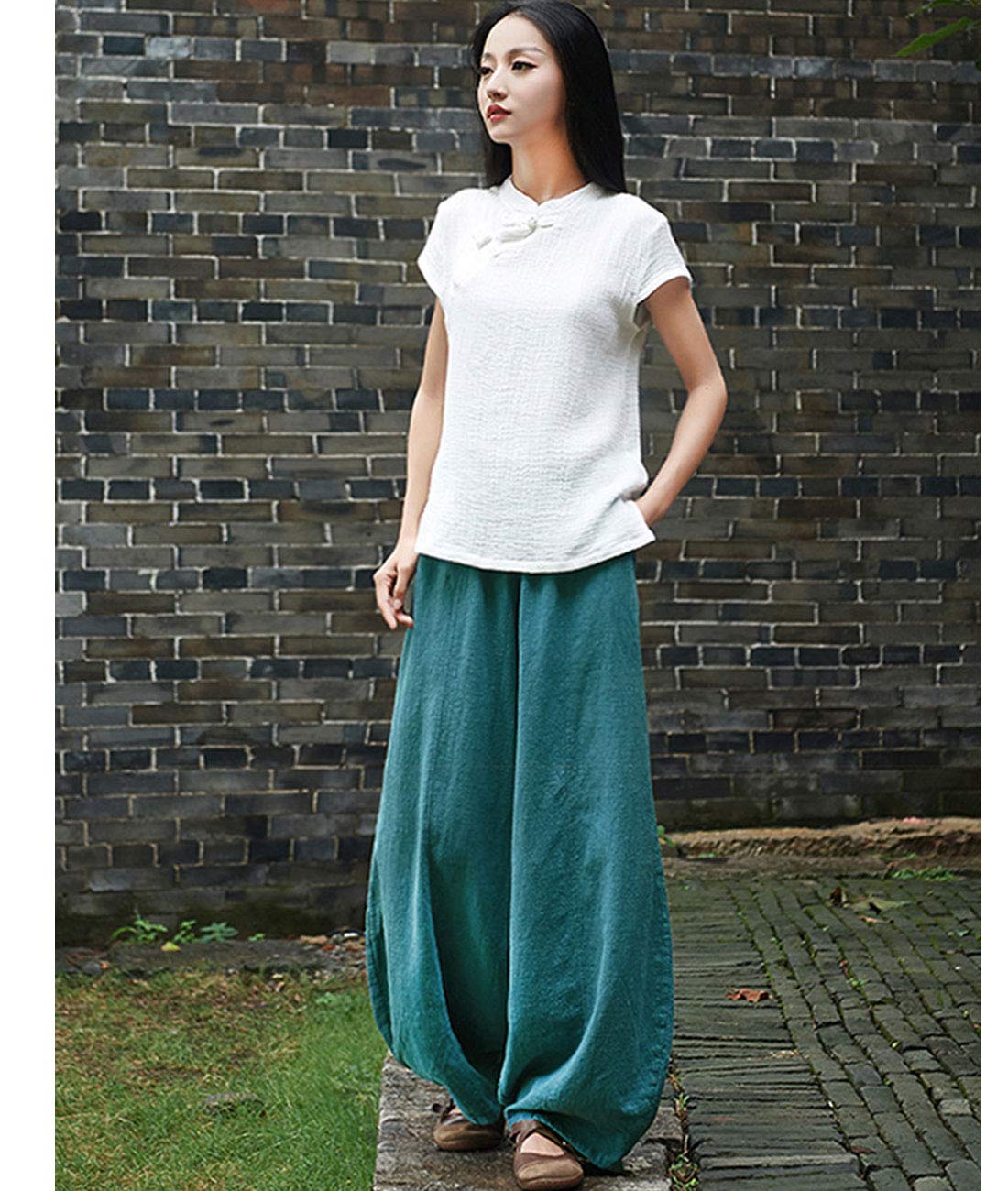 IXIMO Women's Casual Cotton Linen Baggy Pants with Elastic Waist Relax Fit Lantern Trousers (Blue, XX-Large)