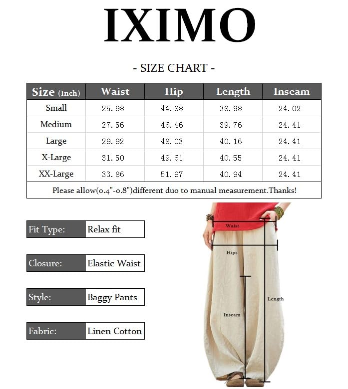 IXIMO Women's Casual Cotton Linen Baggy Pants with Elastic Waist Relax Fit Lantern Trousers (Blue, XX-Large)