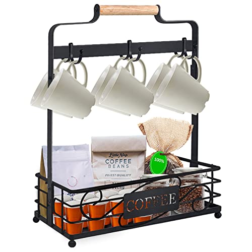 TreeLen Coffee Mug Holder with Removable Hooks, 6 Capacity Coffee Cup Holder for Countertop, Metal Coffee Mug Rack for Coffee Bar, Coffee Mug Tree for Large Mugs, Black