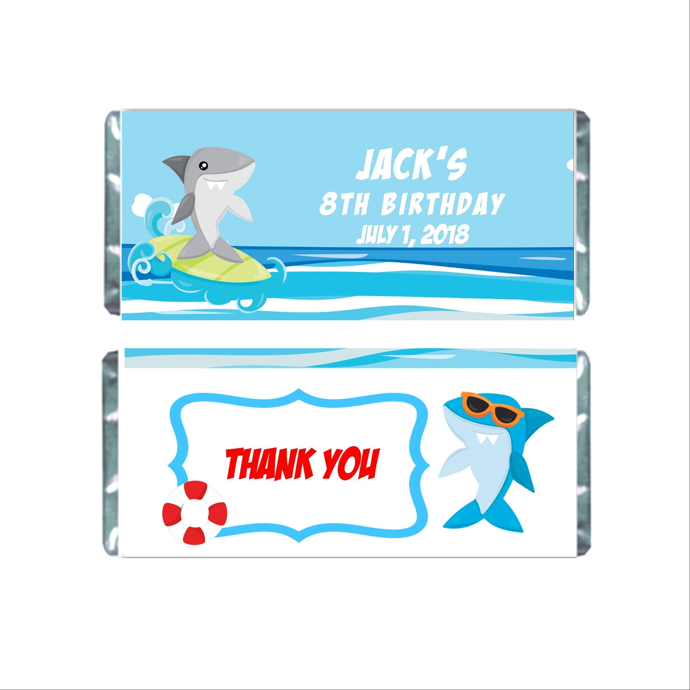 Shark Party Favors for Kids, Personalized Candy Wrappers, Pack of 20 Custom Chocolate Bar Labels
