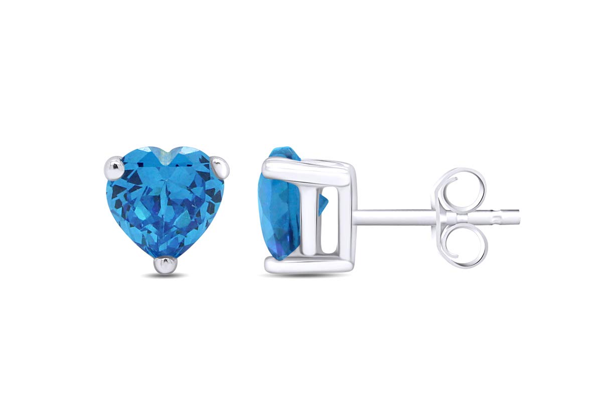 Heart Shape Simulated Blue Topaz Stud Earrings In 14K White Gold Over Sterling Silver