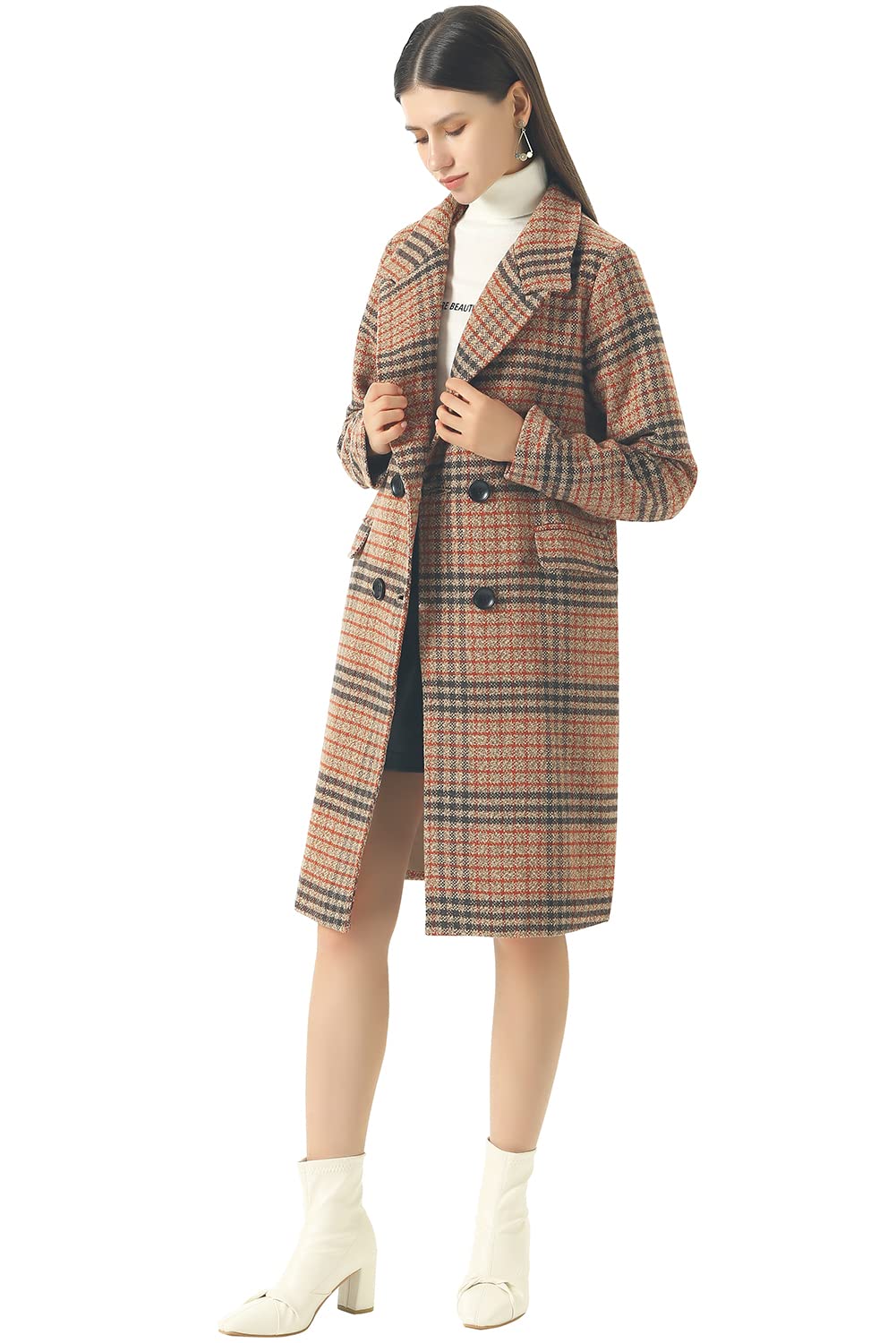 CHARTOU Women's Winter Oversize Lapel Collar Woolen Plaid Double Breasted Long Peacoat Jacket (Large, Camel)