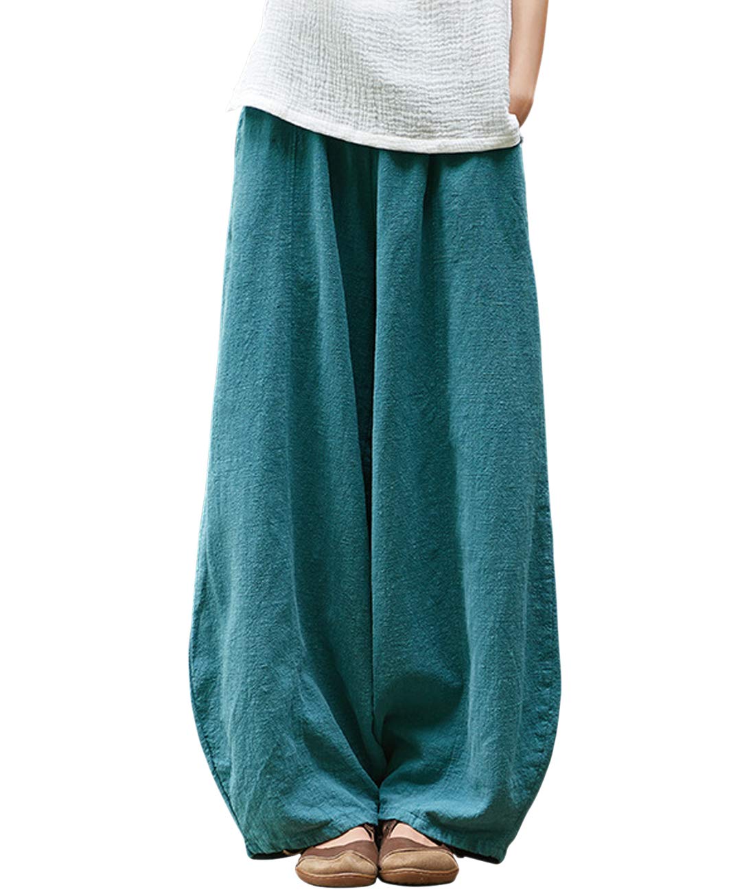 IXIMO Women's Casual Cotton Linen Baggy Pants with Elastic Waist Relax Fit Lantern Trousers (Blue, XX-Large)