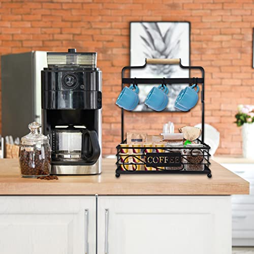 TreeLen Coffee Mug Holder with Removable Hooks, 6 Capacity Coffee Cup Holder for Countertop, Metal Coffee Mug Rack for Coffee Bar, Coffee Mug Tree for Large Mugs, Black