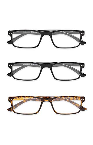Readers Readers.com Fully Magnified Reading Glasses: The Cordon - 3 Pairs, Classic Rectangle for Women and Men - Black/Tortoise, 2.50