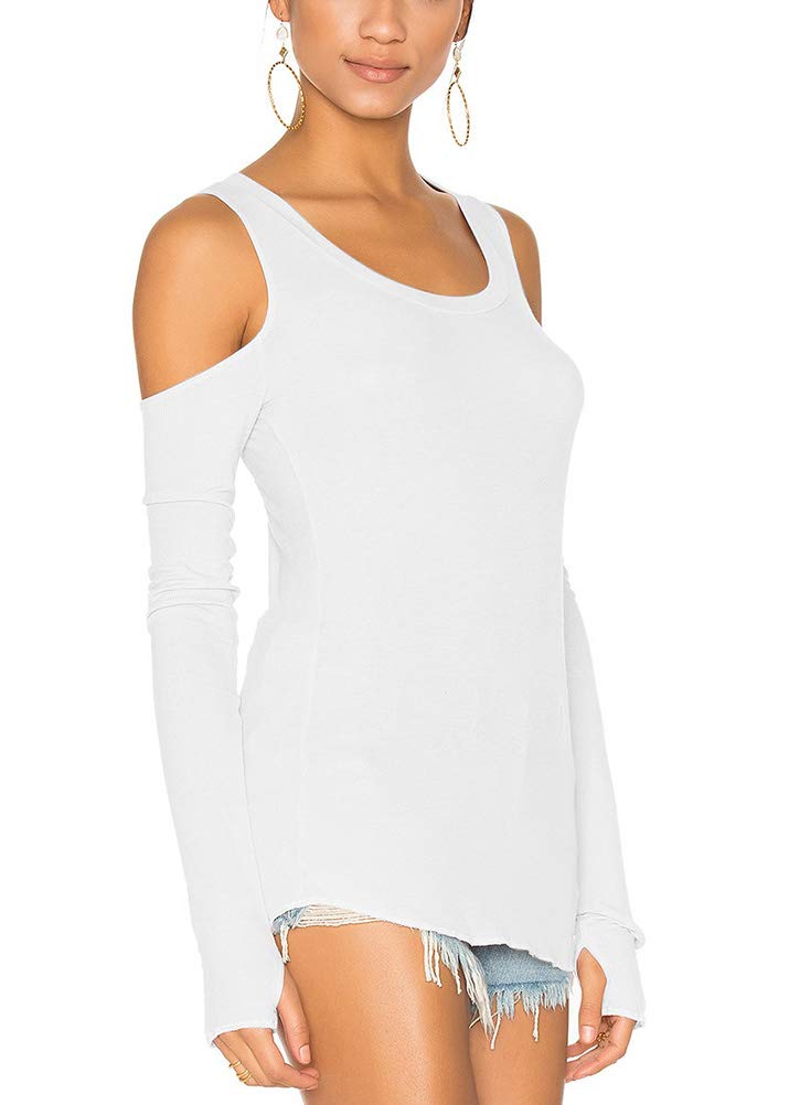 Mippo Womens Cold Shoulder Long Sleeve Tops Workout Shirts Thumb Holes Sweater Gym Yoga Clothes Hiking Tshirts White S